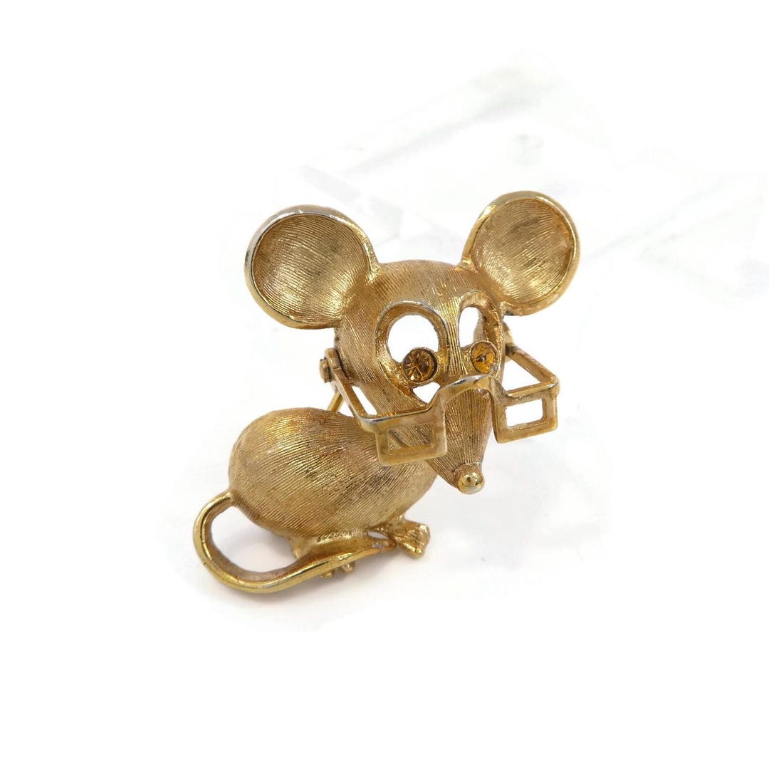 Vintage AVON, Mouse With Glasses, Brooch, Rhinestones, Gold Tone ...