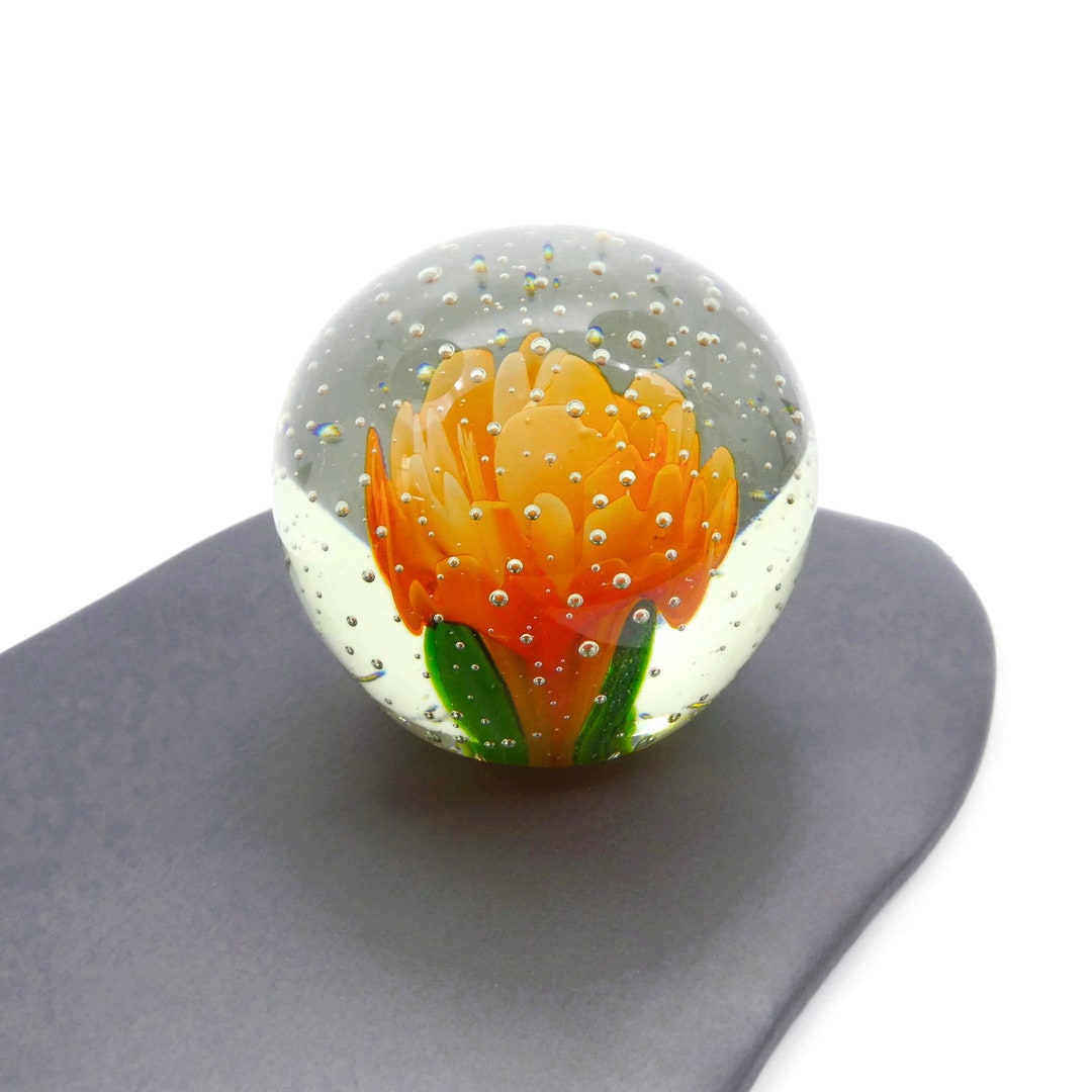 Vintage, Orange Flower, Art Glass, Paperweight, Controlled Bubbles ...