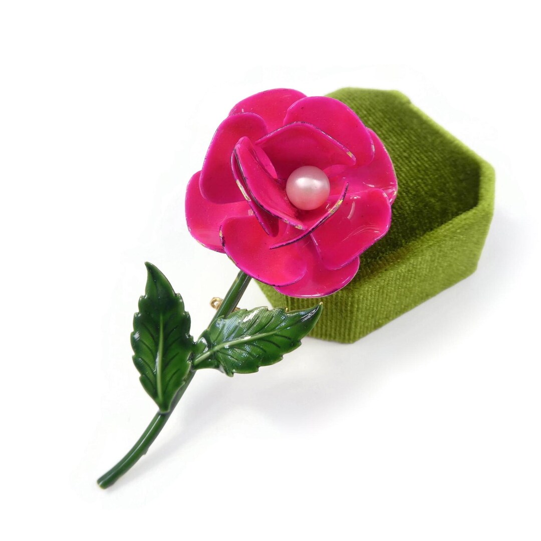 ORIGINAL by ROBERT, Hot Pink Flower, Brooch, Faux Pearl, Enamel, Gold ...