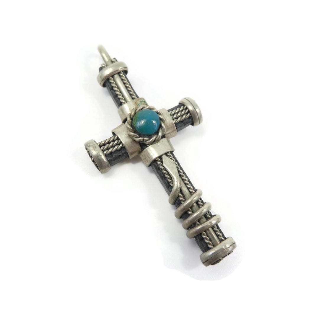 Vintage, Blue Stone, Cross Pendant, Black Leather, Snake, Silver Tone ...