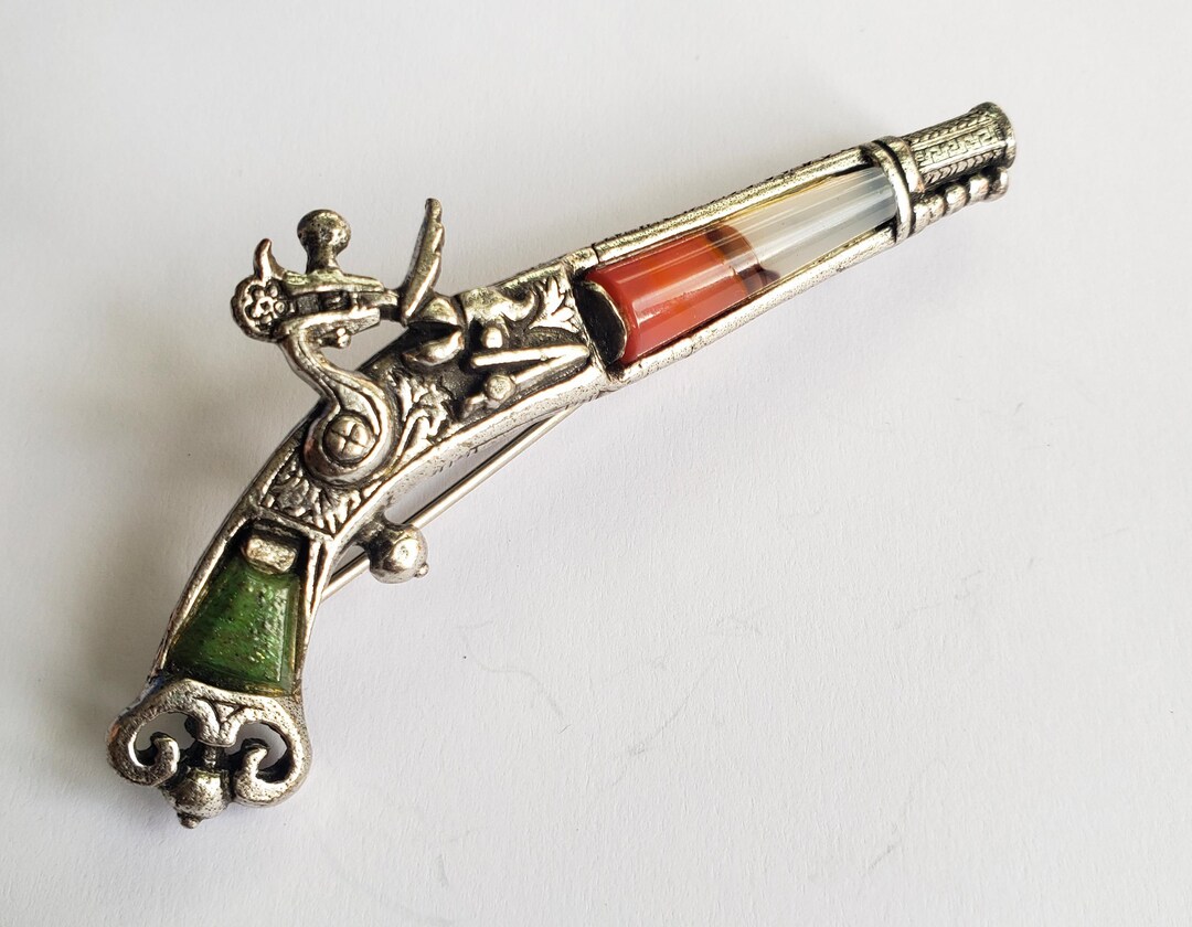 Vintage Miracle Flintlock Pistol Red Agate Glass Stones Brooch / Pin ...