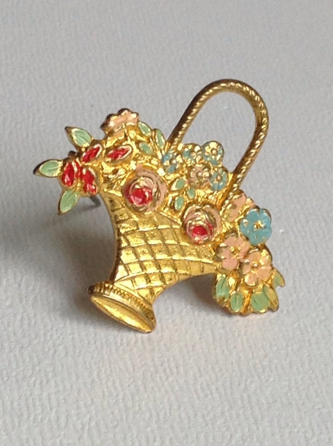 Flower Basket Brooch Pin - Vintage Jewellery - Mother's Ay - Enamel ...