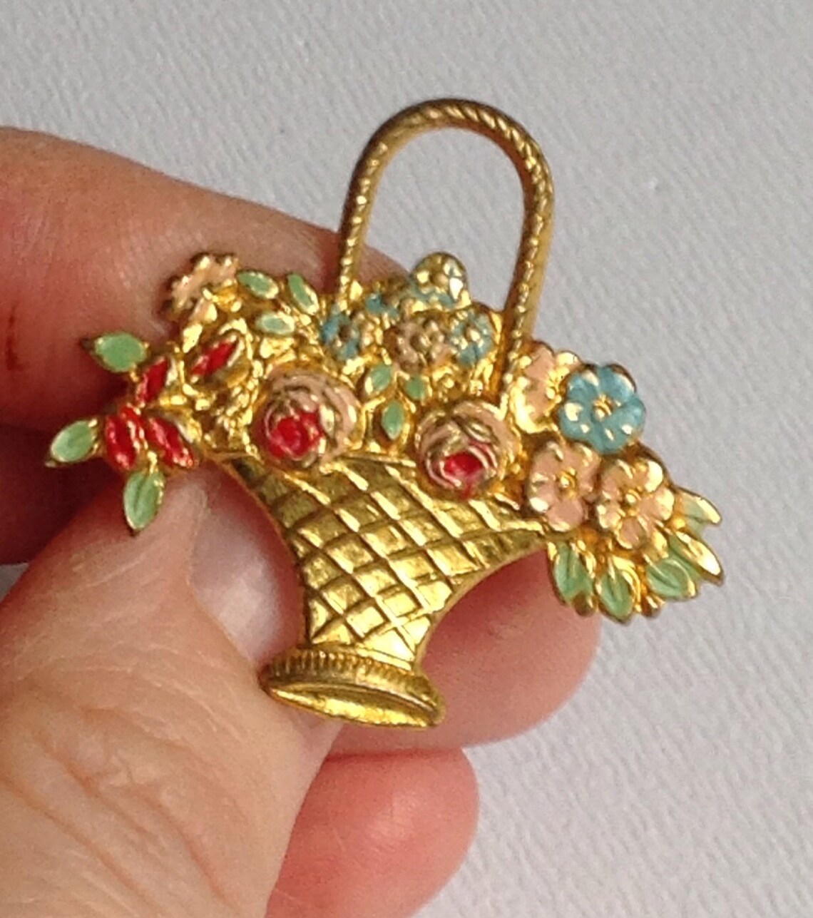 Flower Basket Brooch Pin Vintage Jewellery Enamel & Gold | Etsy