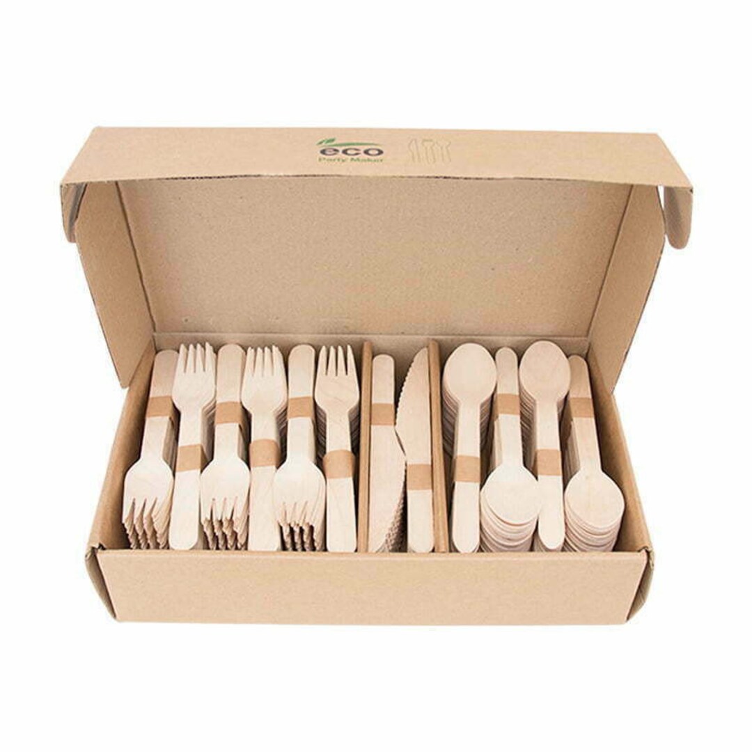 Bulk Wooden Cutlery Box Set Forks Knives Spoons Eco Disposable Party ...