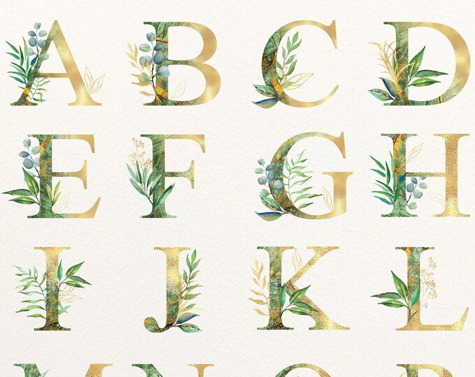 Greenery Gold Alphabet Clipart: Watercolor Leaves (digital Download) - Etsy