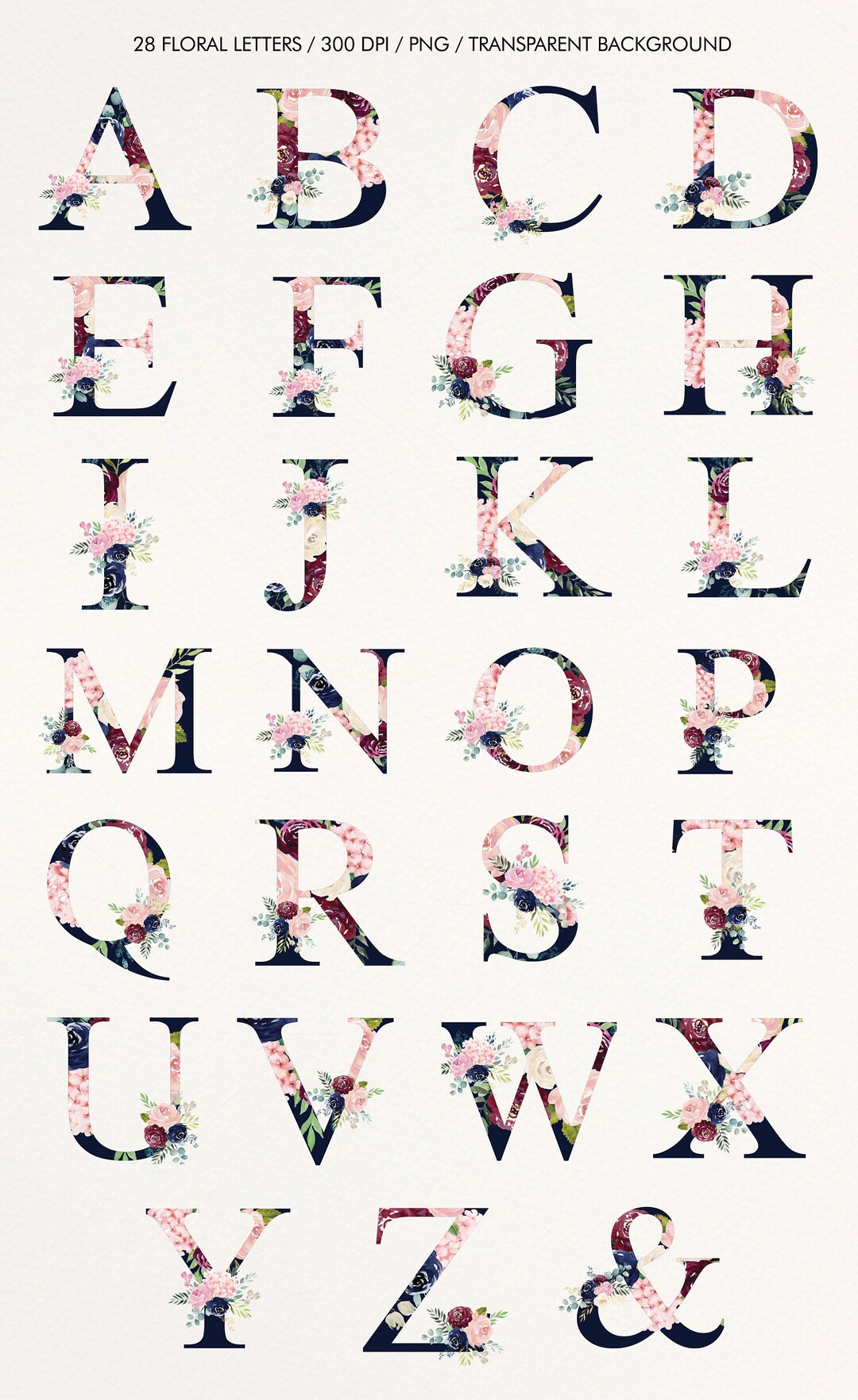 Floral Alphabet Clipart: Navy, Blush, Burgundy Roses (PNG Digital ...