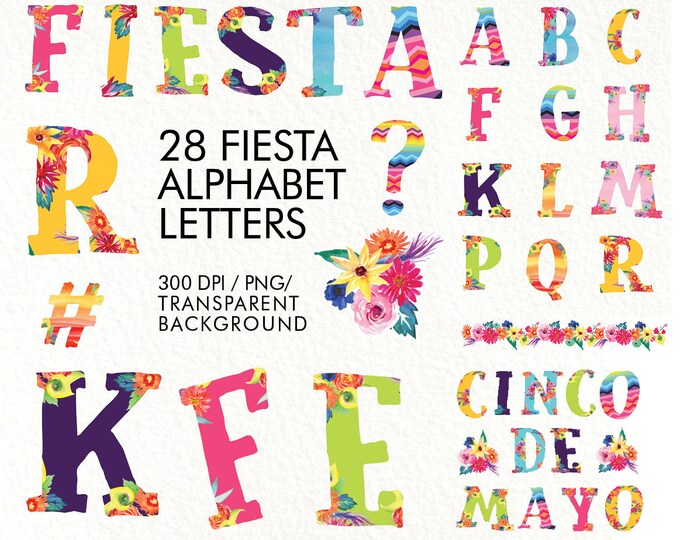 Fiesta Alphabet Letters: Watercolor Floral PNG Clipart & Papers ...