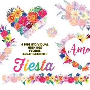 Fiesta Watercolor Flowers, Mexican Flowers Clip Art, Love Clip Art, 6 ...