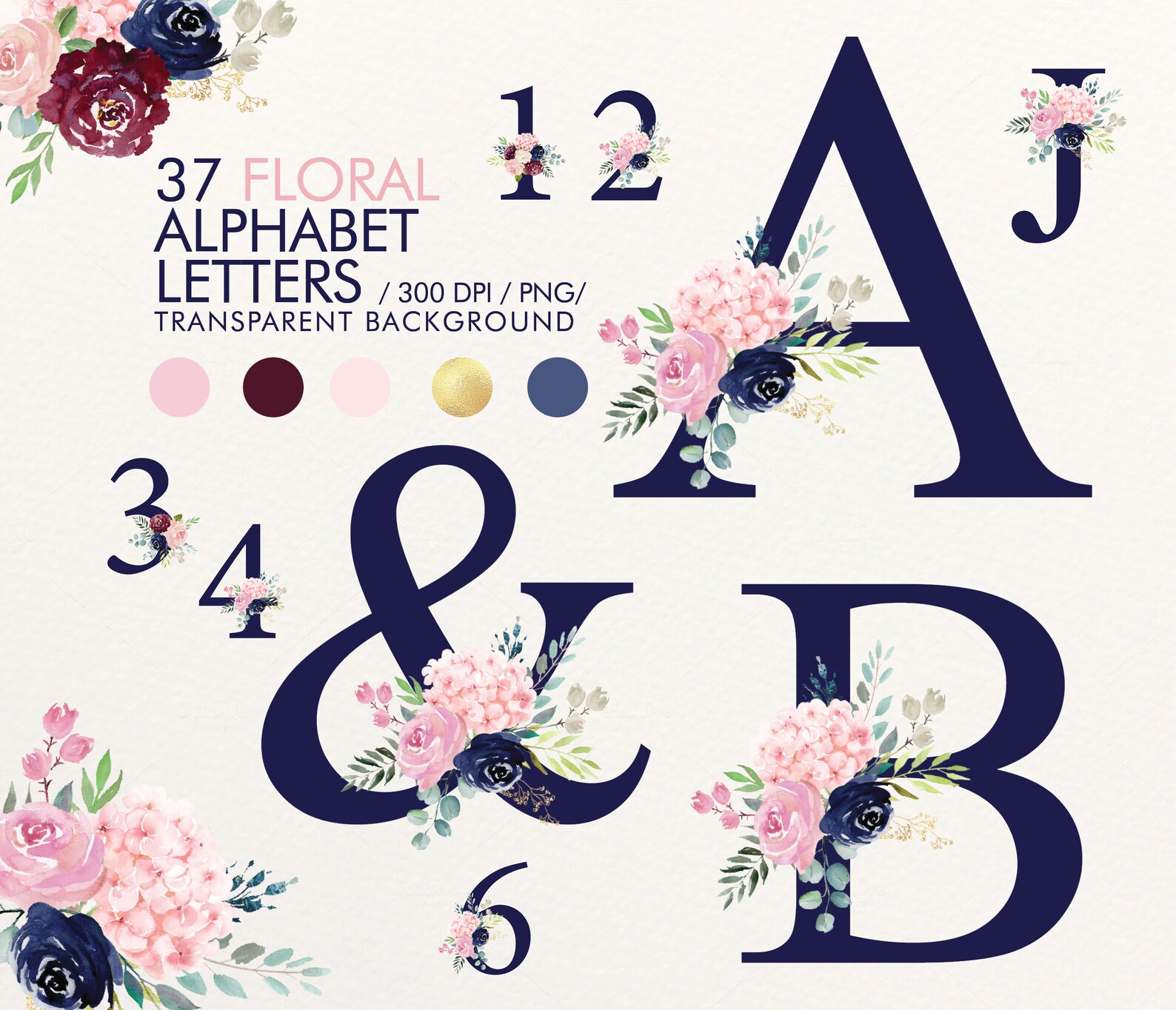 Floral Alphabet Clip Art: Navy, Blush, and Red Roses (digital Download ...