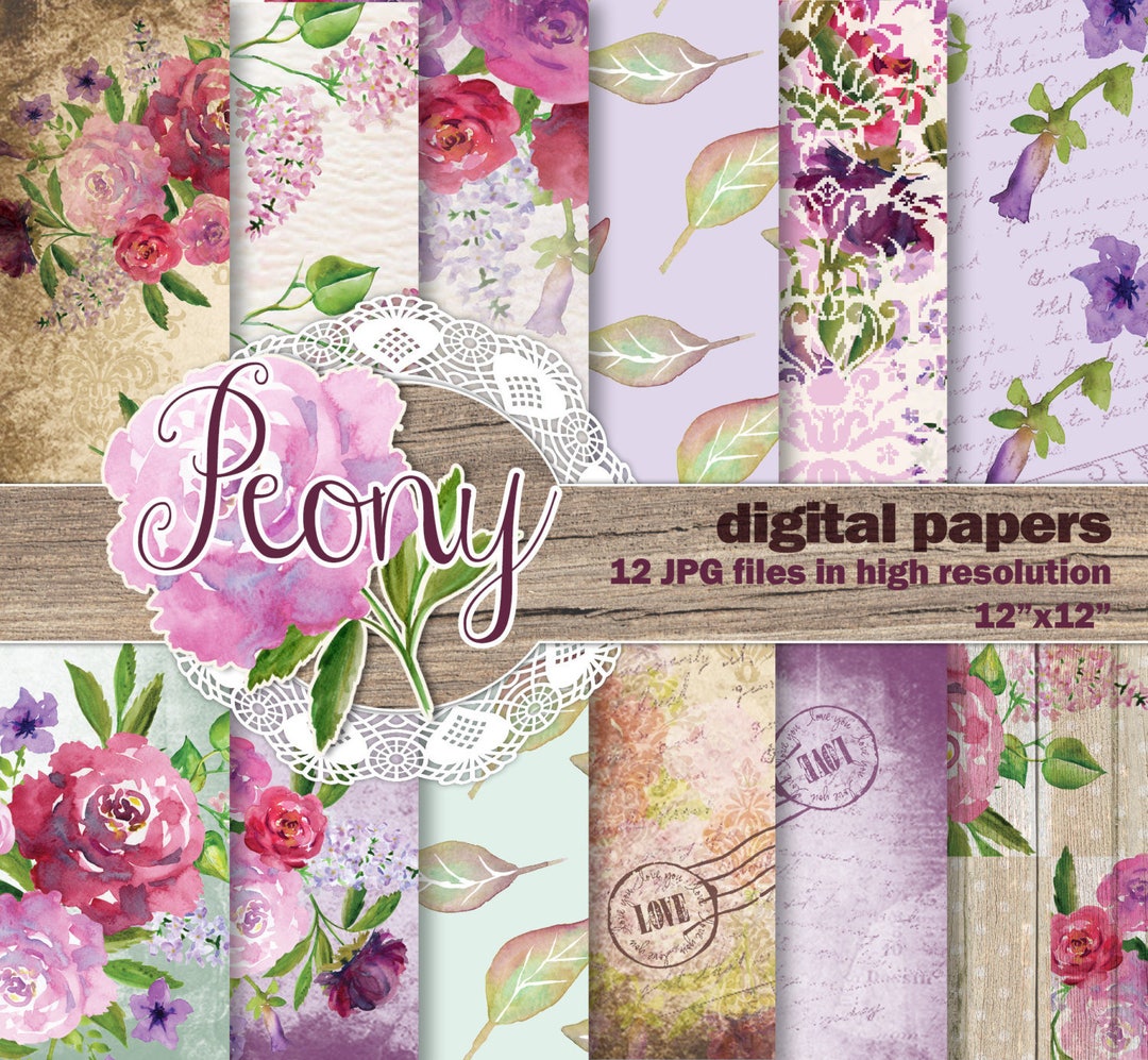 Watercolor Digital Hand Painted 12 Peony Scrapbook Papers, Watercolor ...