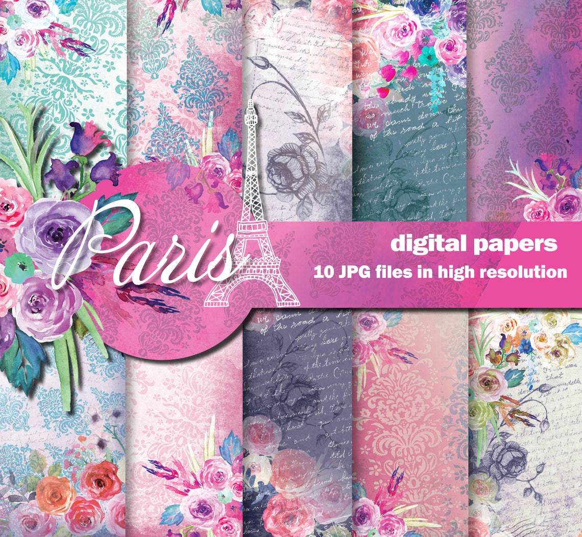 Paris Inspired Watercolor Digital Papers Hand Painted | Etsy