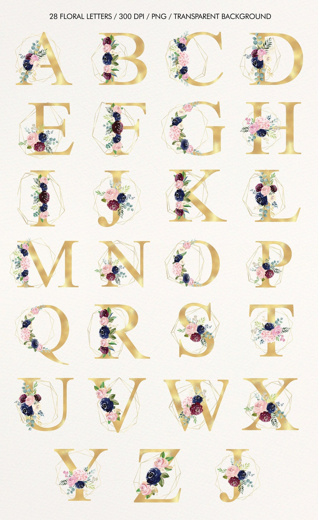 Floral Gold Alphabet Clipart: Navy, Blush, Burgundy Roses (digital ...
