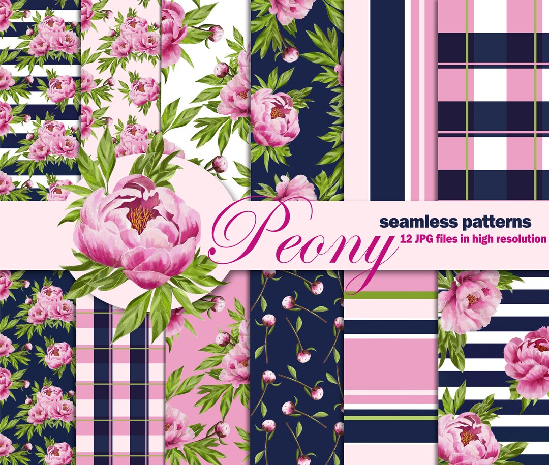 Pink and Navy Blue Peony Watercolor Seamless Digital Patterns 12x12 ...
