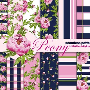 Pink and Navy Blue Peony Watercolor Seamless Digital Patterns 12x12 ...