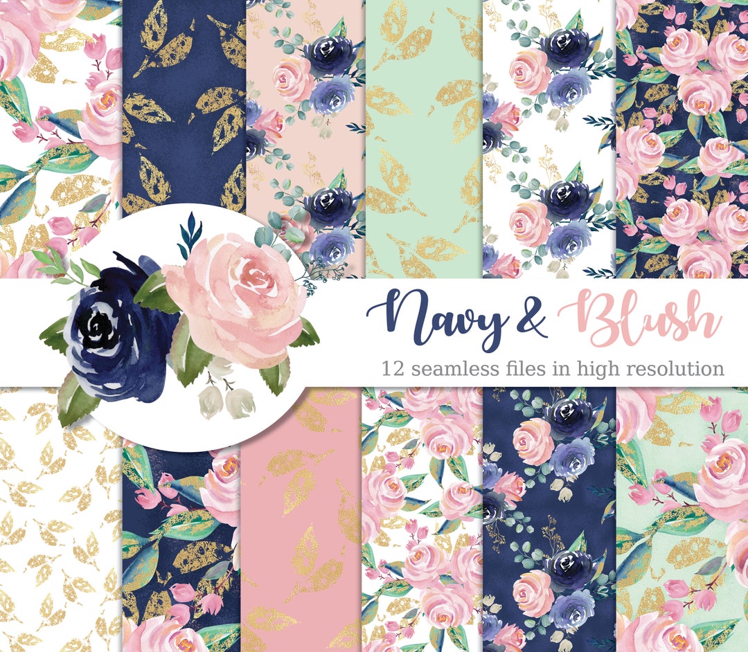 Navy and Blush Digital, Seamless, Watercolor, Floral, Digital Papers ...