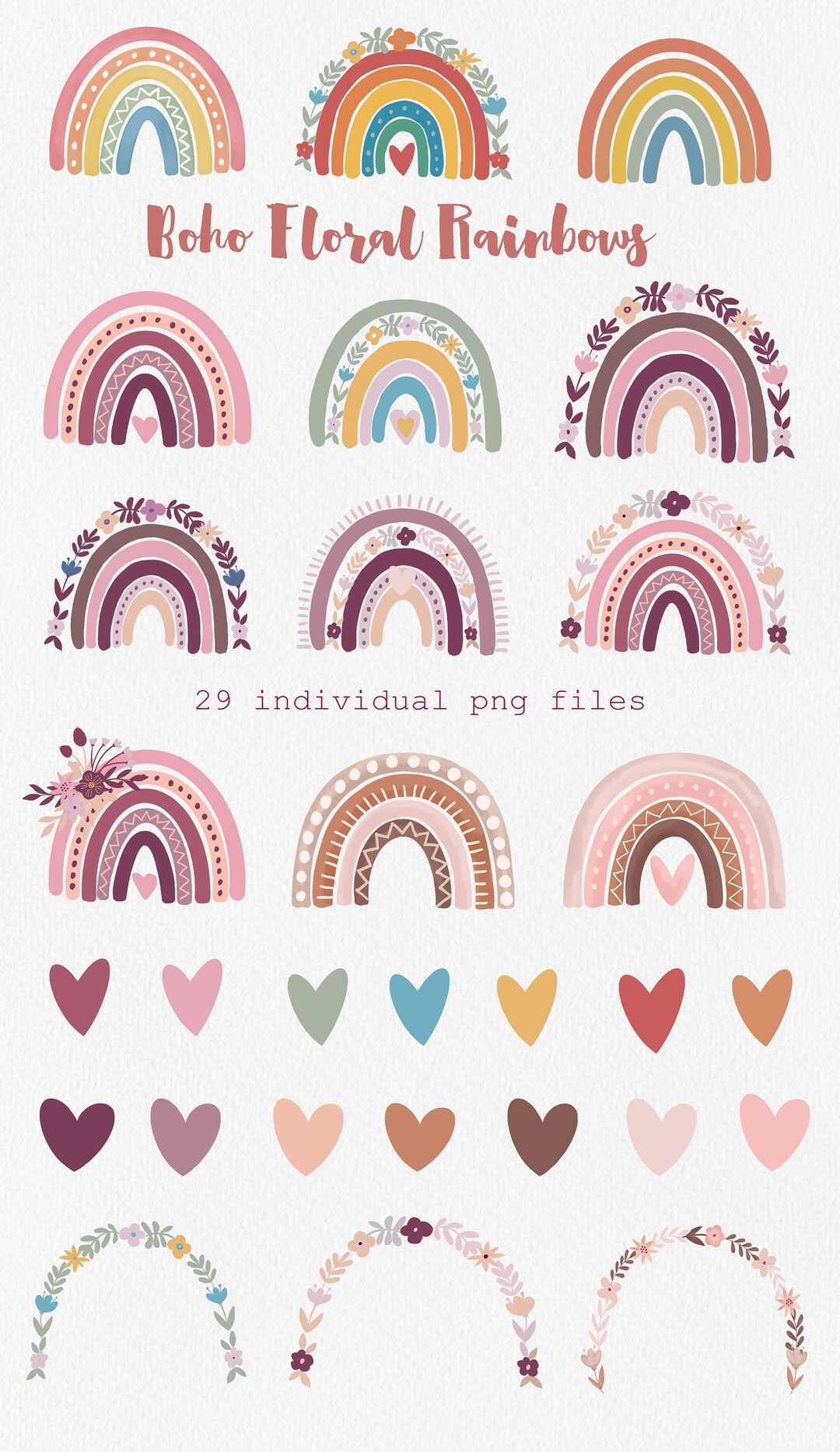 Floral Rainbow Clip Art / Boho Rainbows and Hearts / Sublimation Files ...