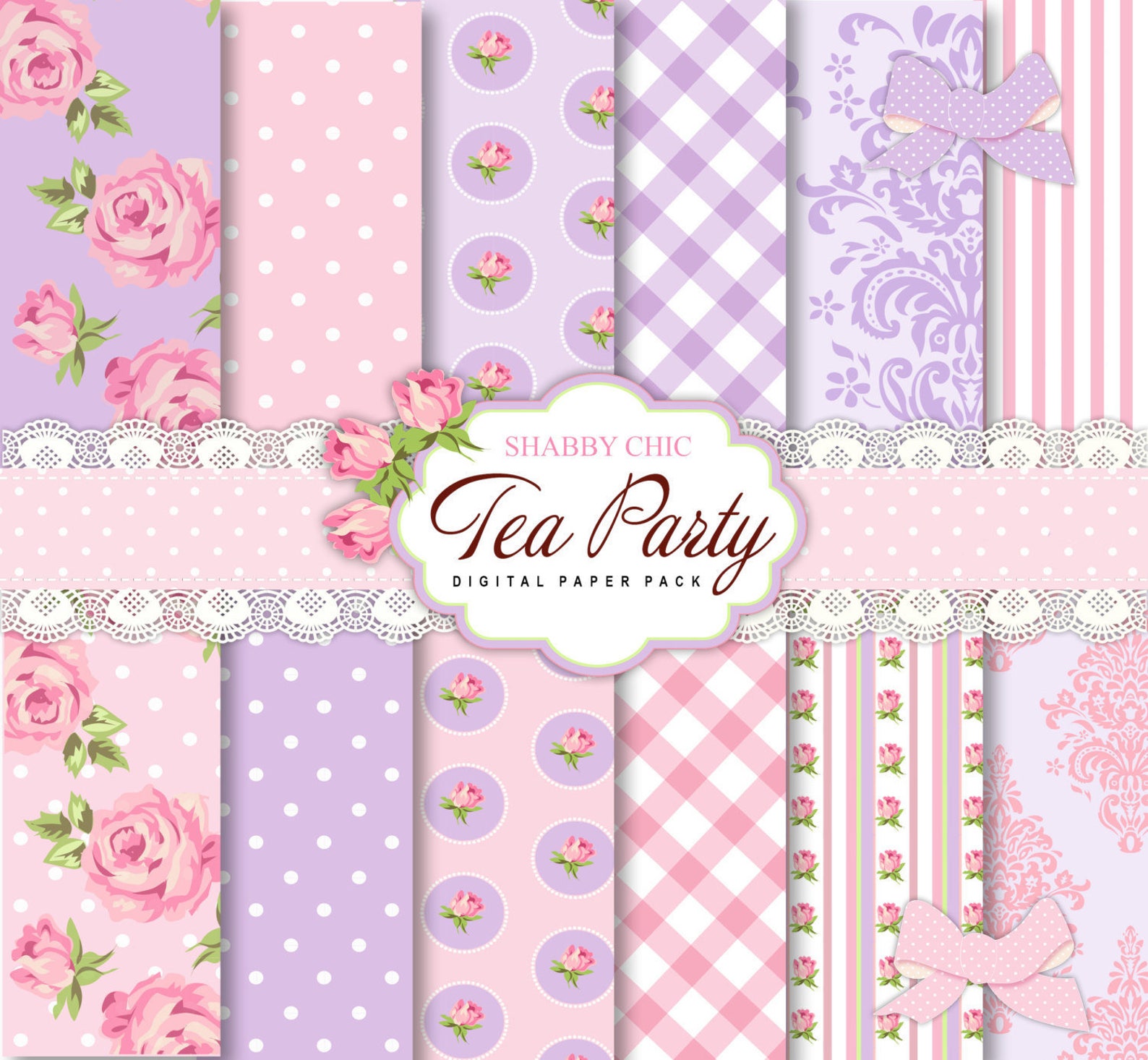 Shabby Chic Tea Party Digital Papers: Pink & Lilac Scrapbook Kit ...