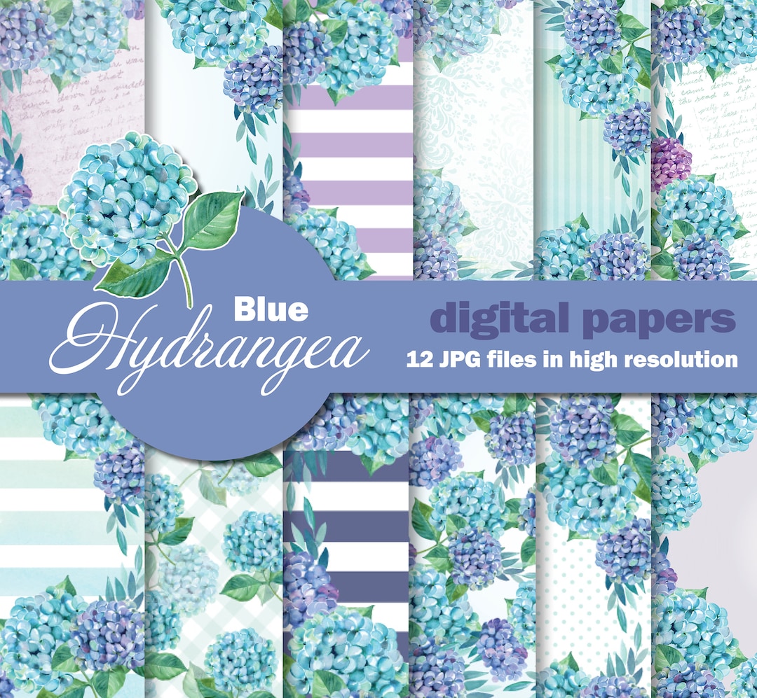 Blue Hydrangea Watercolor Digital Papers, Scrapbook Paper (digital ...