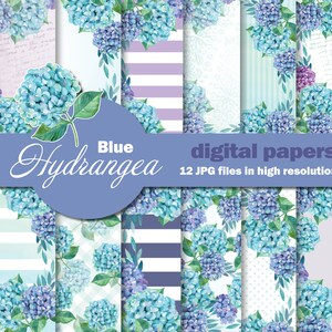 12 Blue Hydrangea Digital Papers, Hydrangea Watercolor Clip Art, Hand ...
