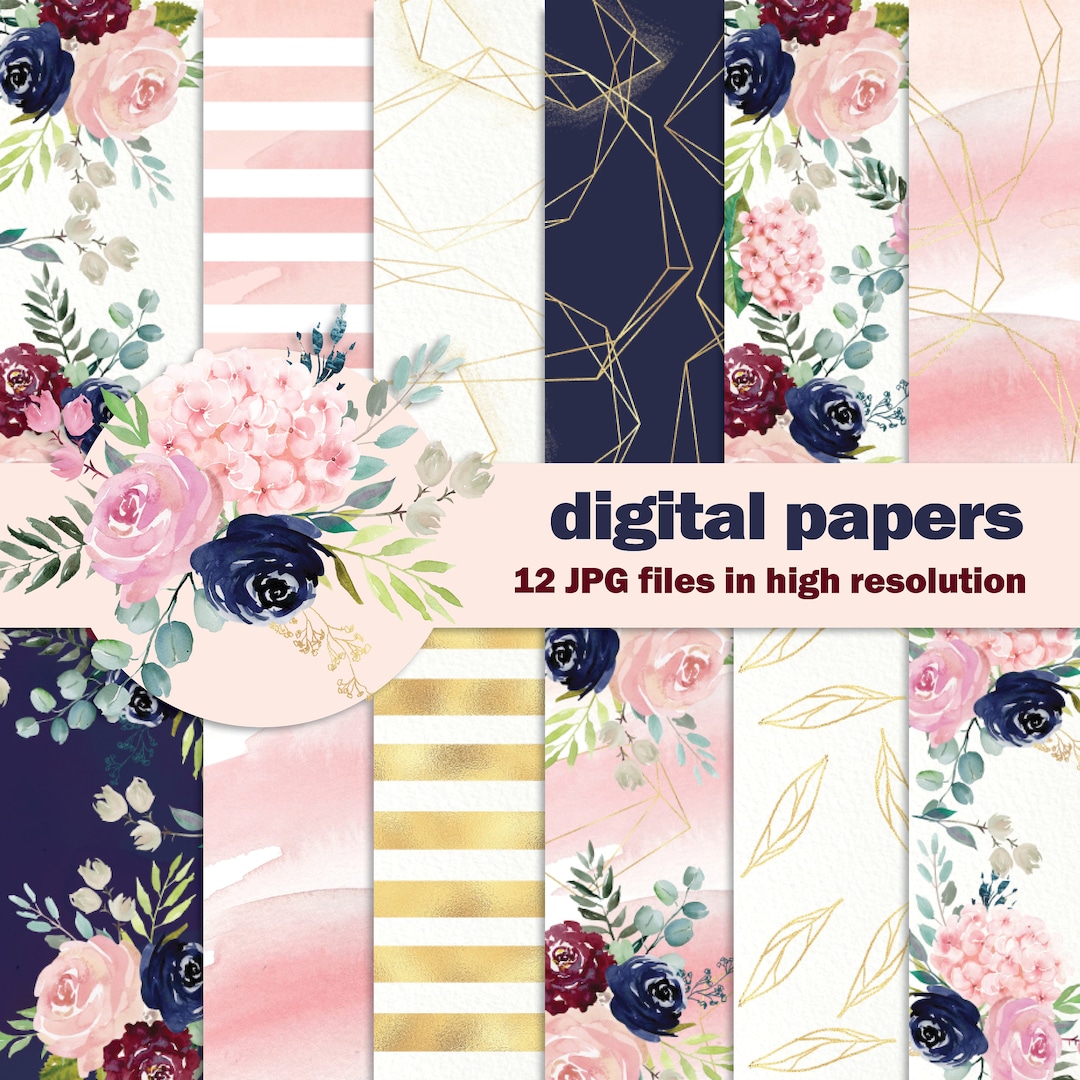 Navy, Blush, Burgundy and Gold Watercolor Digital Papers. - Etsy