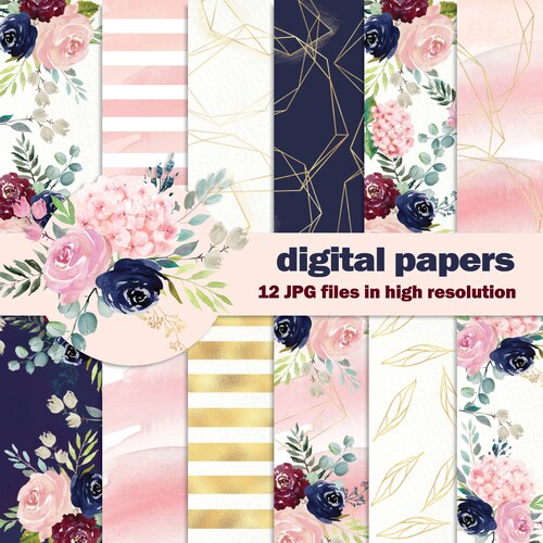 Navy Blush Burgundy and Gold Watercolor Digital Papers. - Etsy