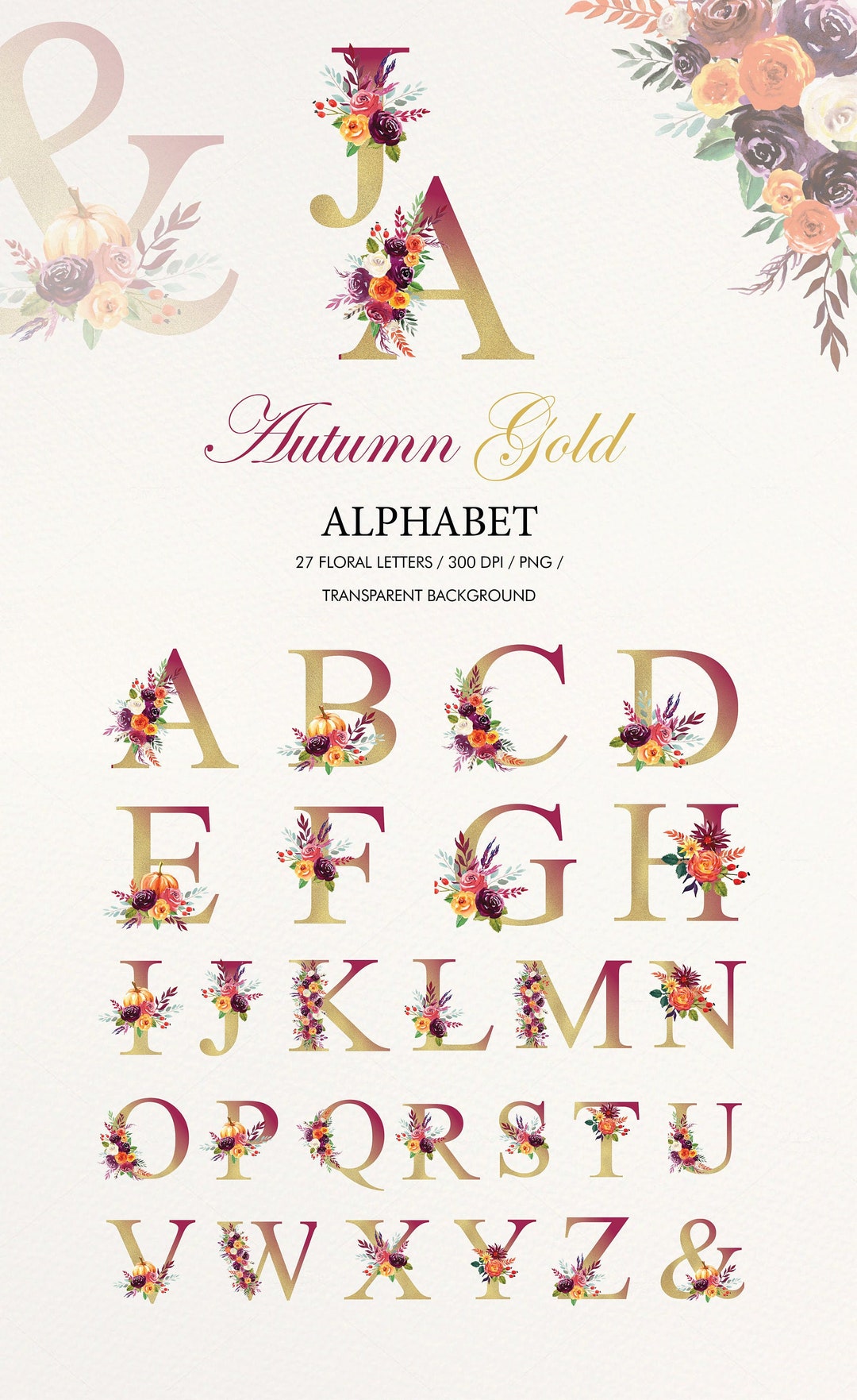 Fall Floral Alphabet Clipart: Burgundy, Gold (digital Download) - Etsy