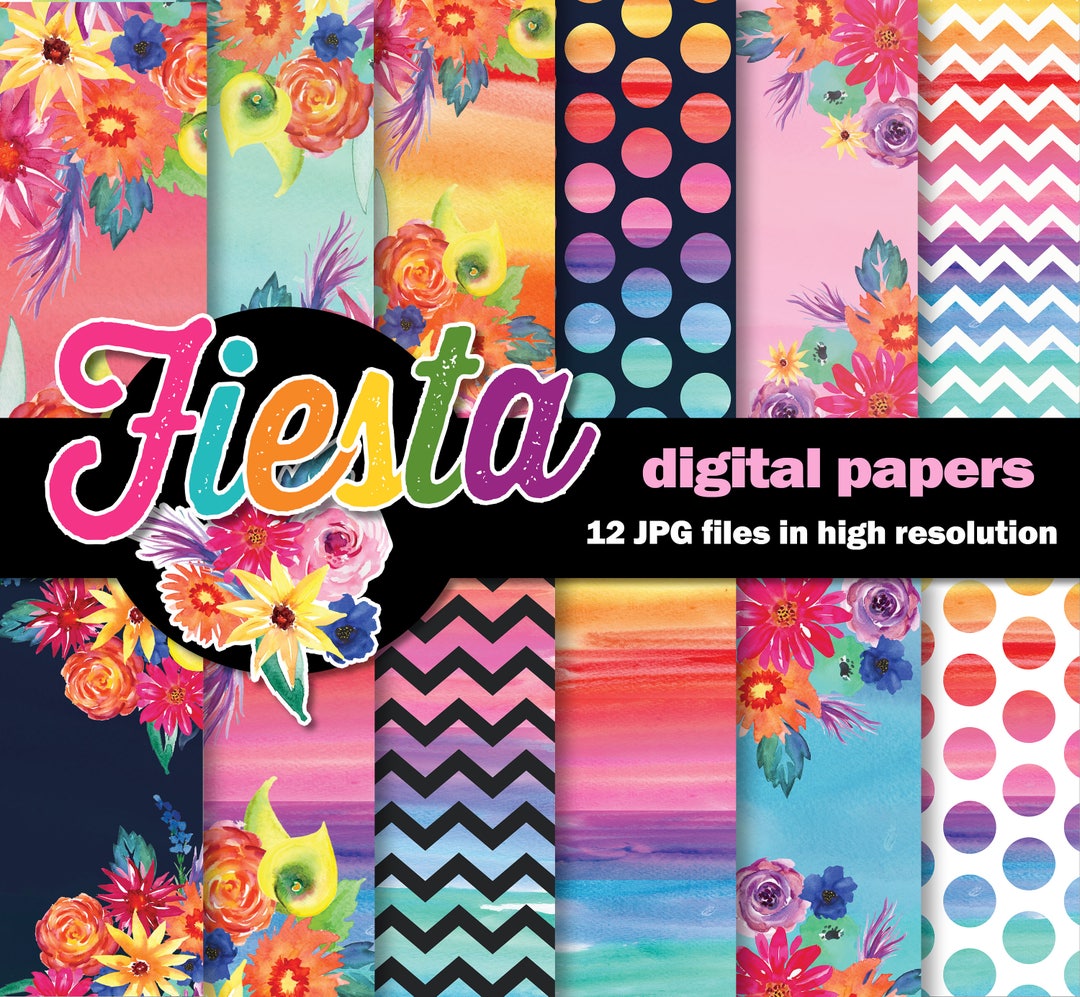 Mexican Fiesta Watercolor Floral Digital Papers (12x12 Inch JPEG) - Etsy