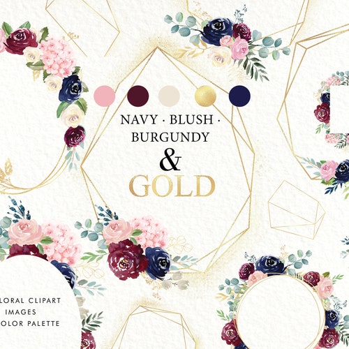 Burgundy Navy Blush Watercolor Floral Clipart Flowers Clip Art - Etsy