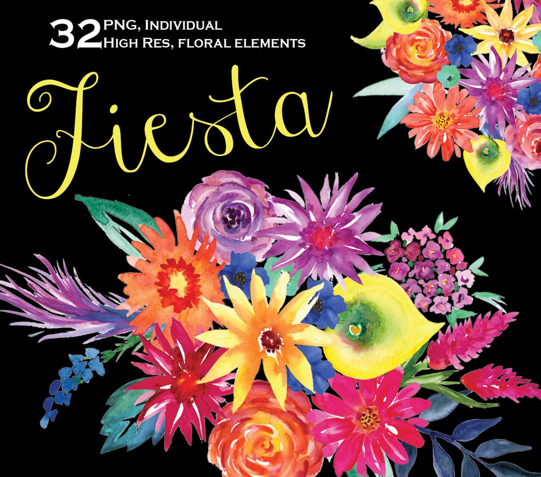 32 Fiesta Watercolor Flowers Clipart, Mexican Flowers Clipart, Wedding ...