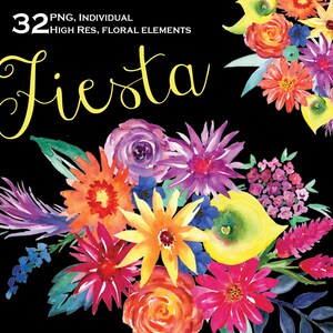 Fiesta Watercolor Flowers Clipart: Mexican Floral Elements (digital ...