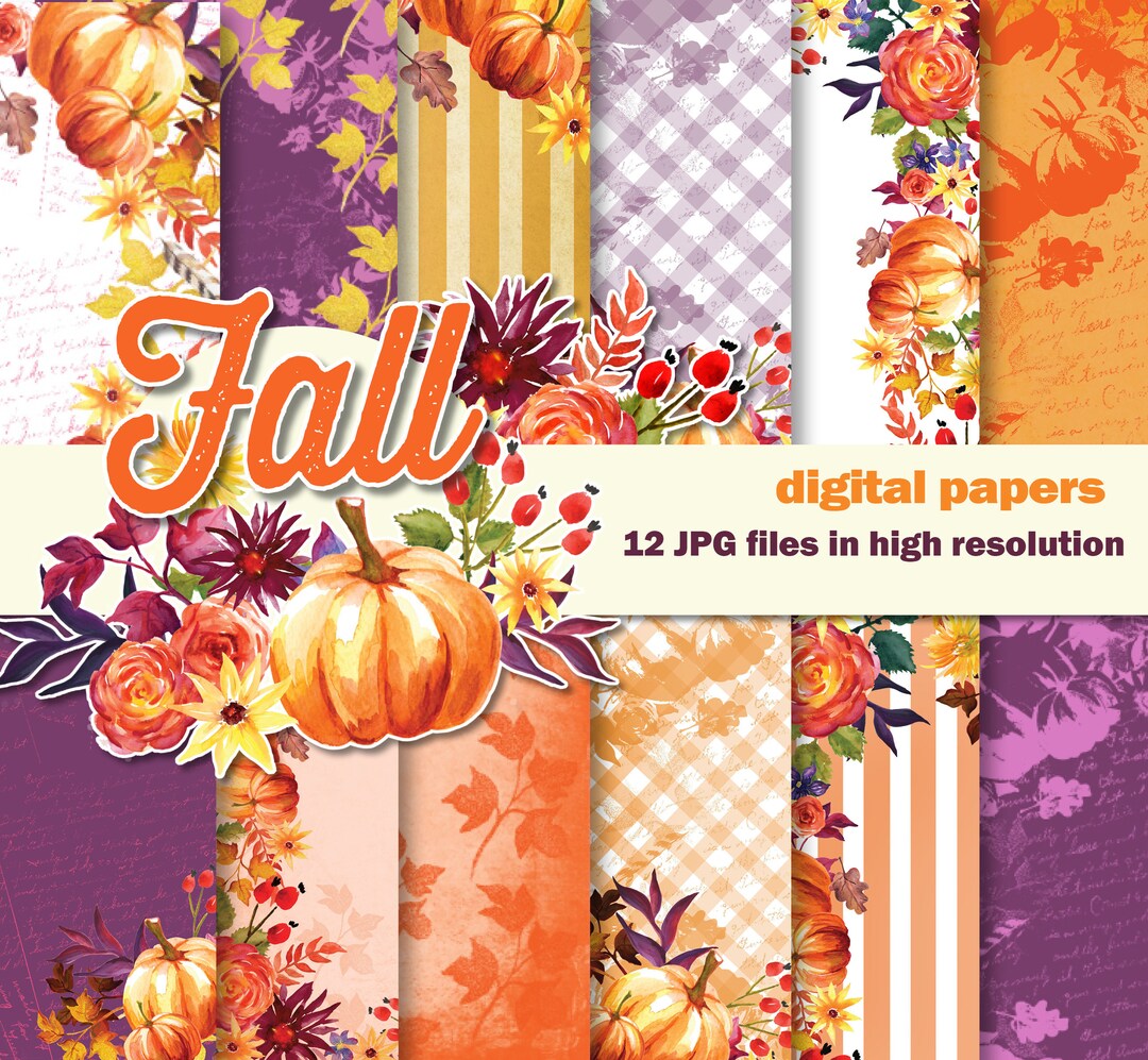 Fall Digital Hand Painted Watercolor Scrapbook Papers, Autumn Flowers ...