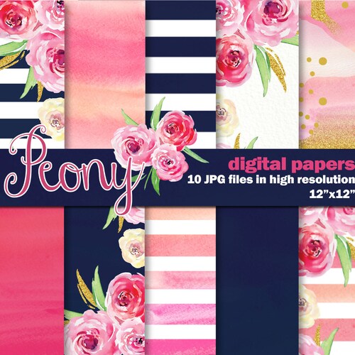 Navy Blush Burgundy and Gold Watercolor Digital Papers. - Etsy