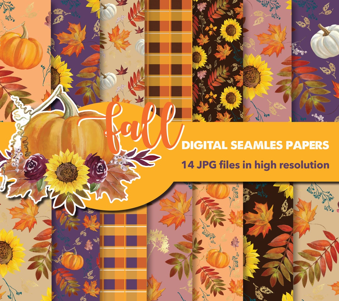 Fall Digital Hand Painted Watercolor Seamless Patterns. Scrapbook ...