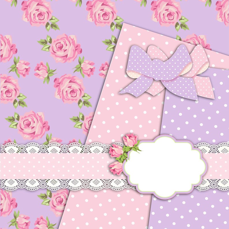 Shabby Chic Tea Party Digital Papers: Pink & Lilac Scrapbook Kit ...