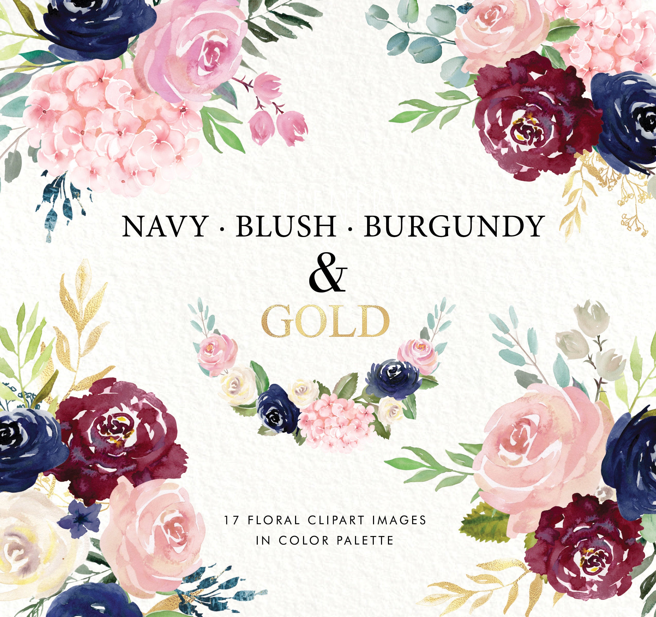 Navy Blush Burgundy and Gold Watercolor Floral Clipart. - Etsy