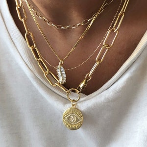 Gold Evil Eye CZ Necklace, Gold Evil Necklace, Paperclip Chain, Gold ...