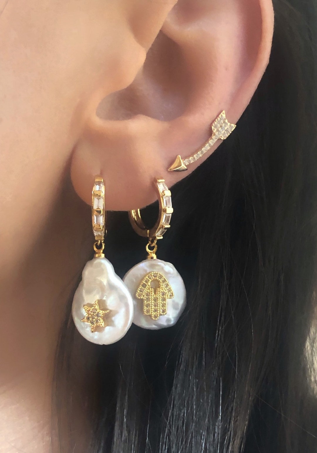 Gold Pearl Hoops, Pearl Hoops, Gold Charm Hoops, Gold Pearl Creole, Cz ...