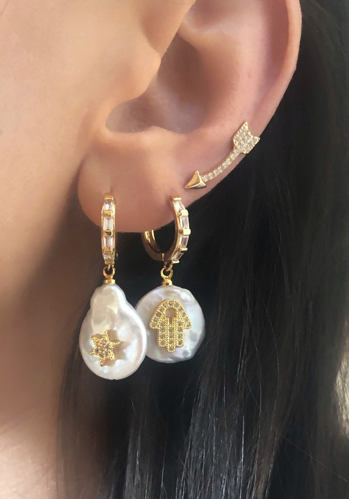 Gold Pearl Hoops Pearl Hoops Gold Charm Hoops Gold Pearl - Etsy