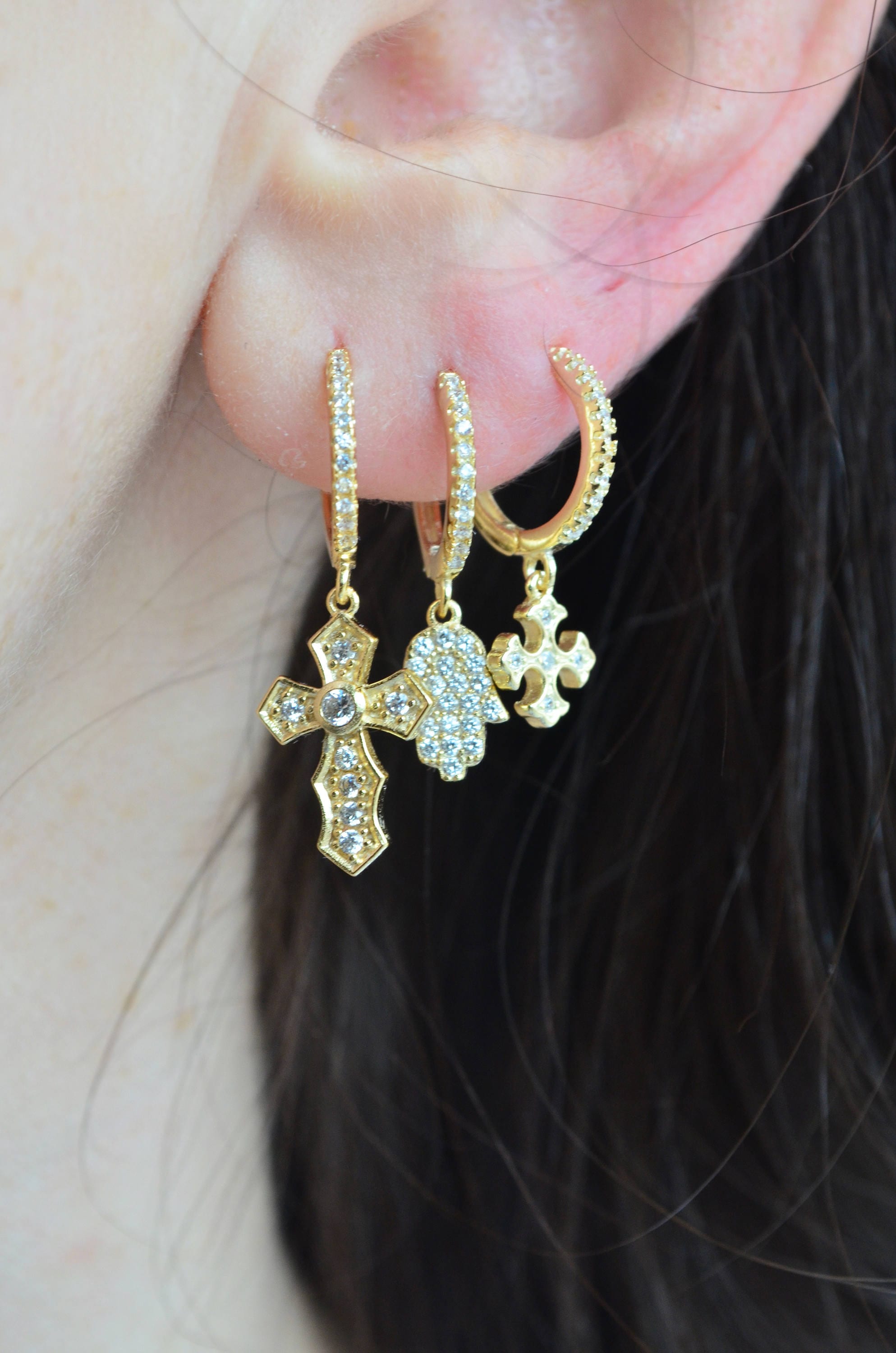 Gold Charm Hoop Cz Gold Hoop Small Cz Hoop Gold Star | Etsy