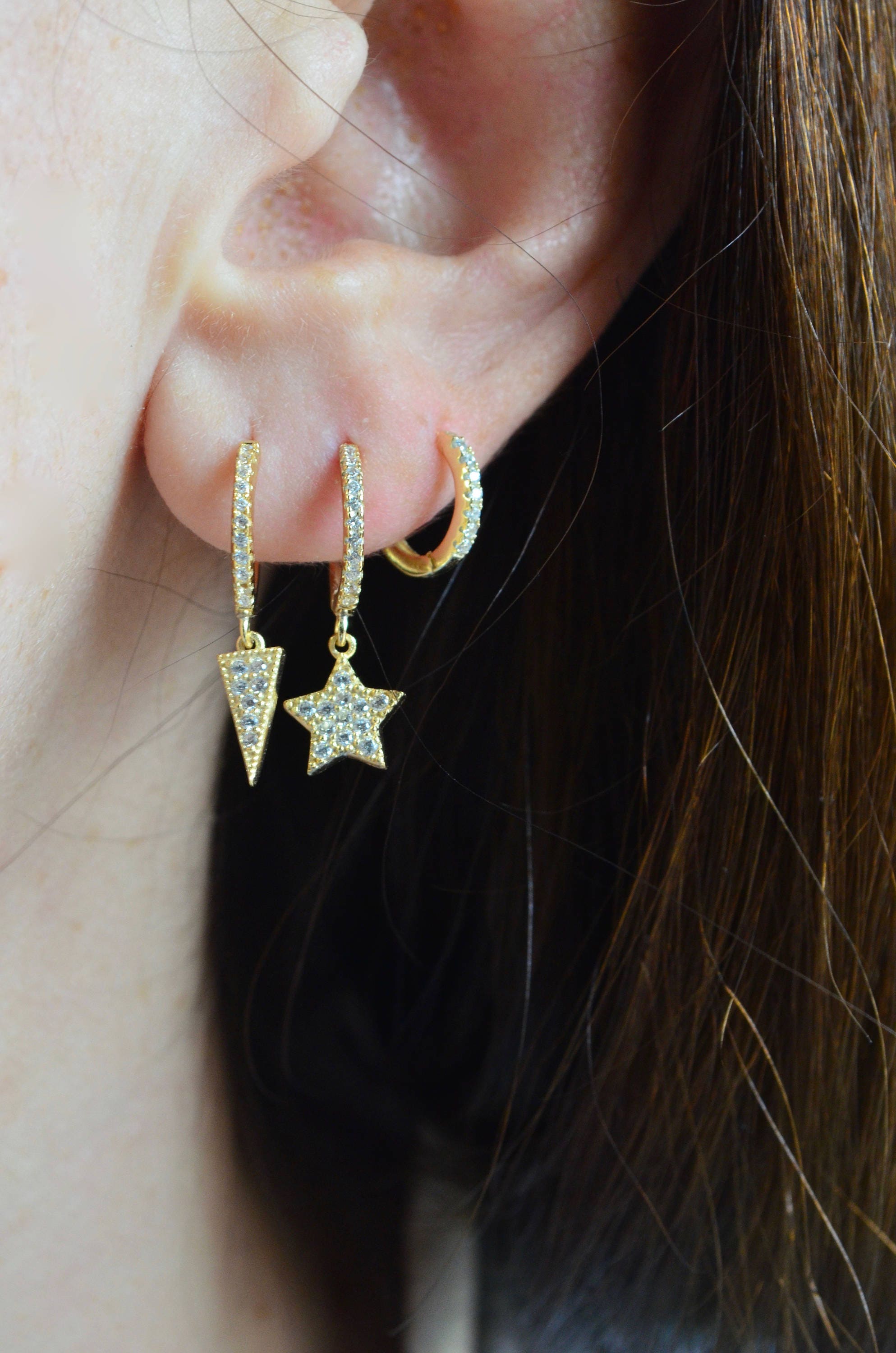 Gold Charm Hoop Cz Gold Hoop Small Cz Hoop Gold Star | Etsy