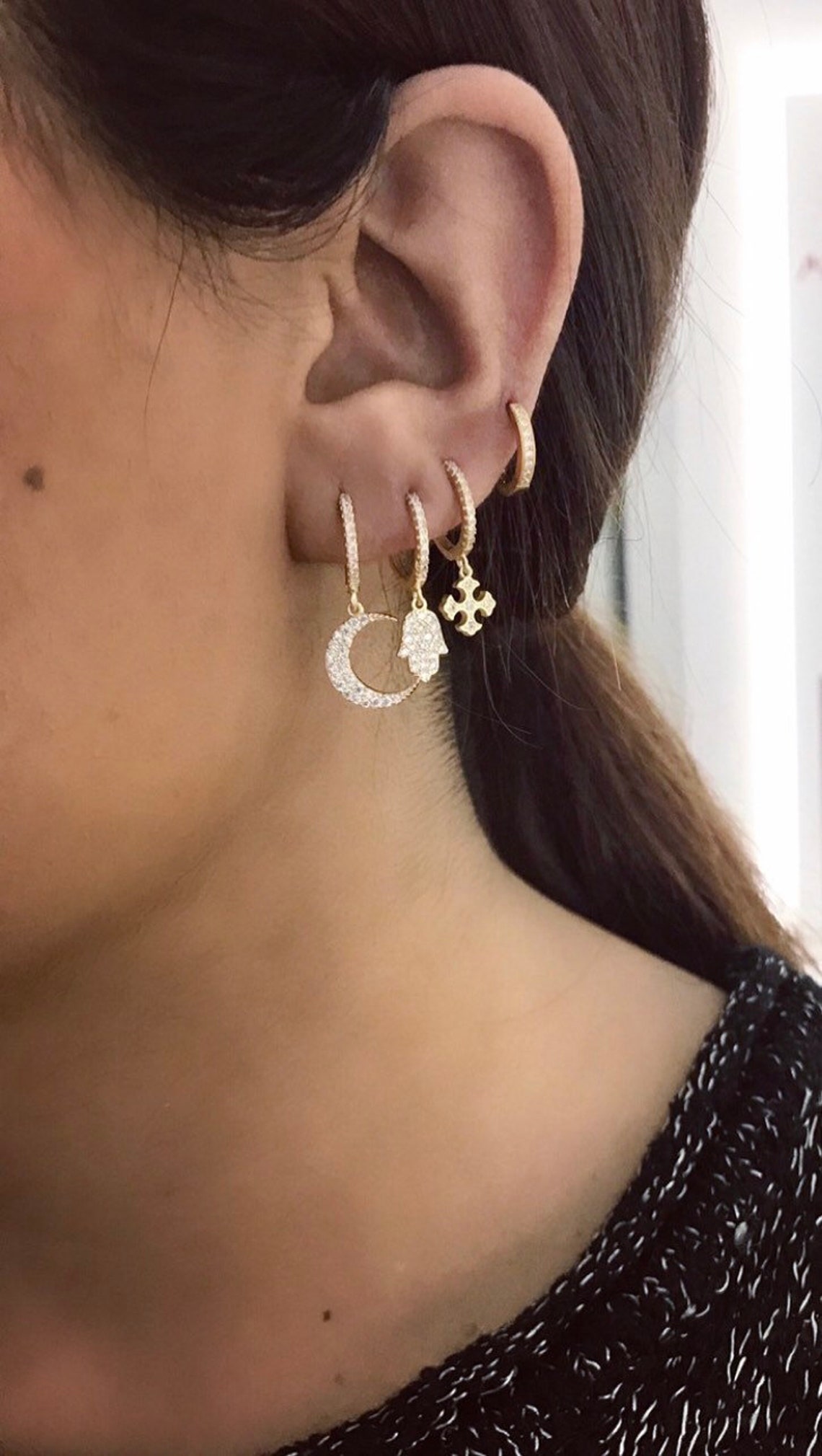 Gold Charm Hoop Cz Gold Hoop Small Cz Hoop Gold Star | Etsy