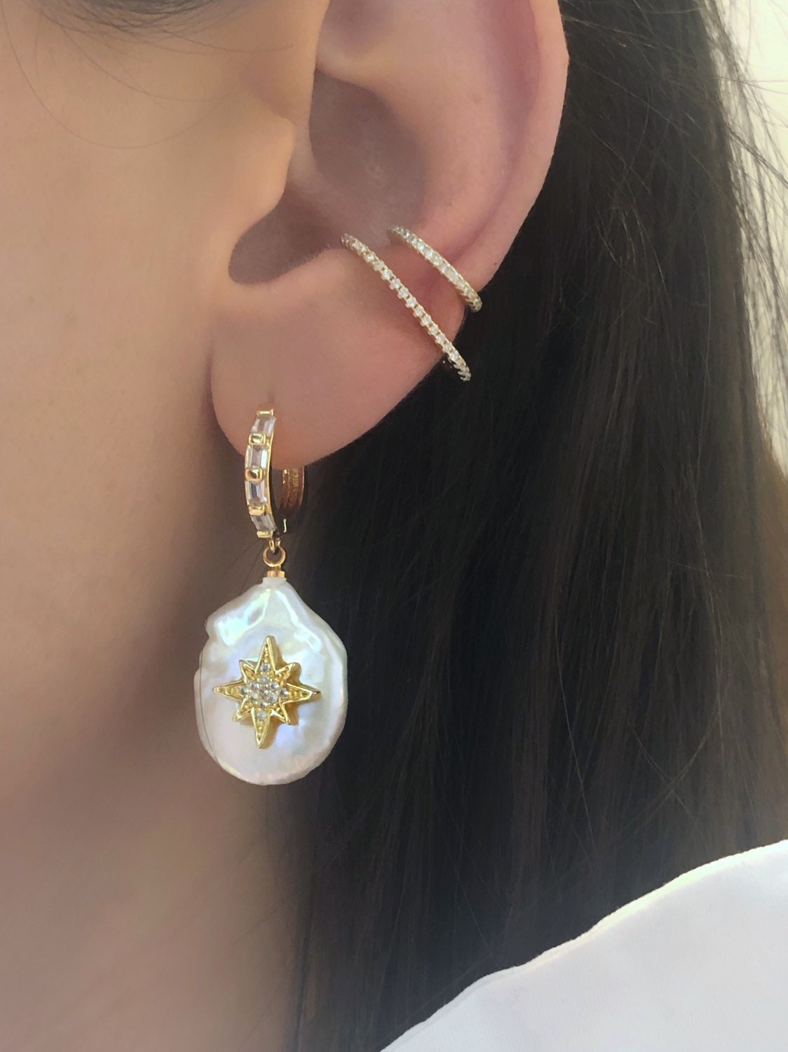 Gold Pearl Hoops Pearl Hoops Gold Charm Hoops Gold Pearl - Etsy