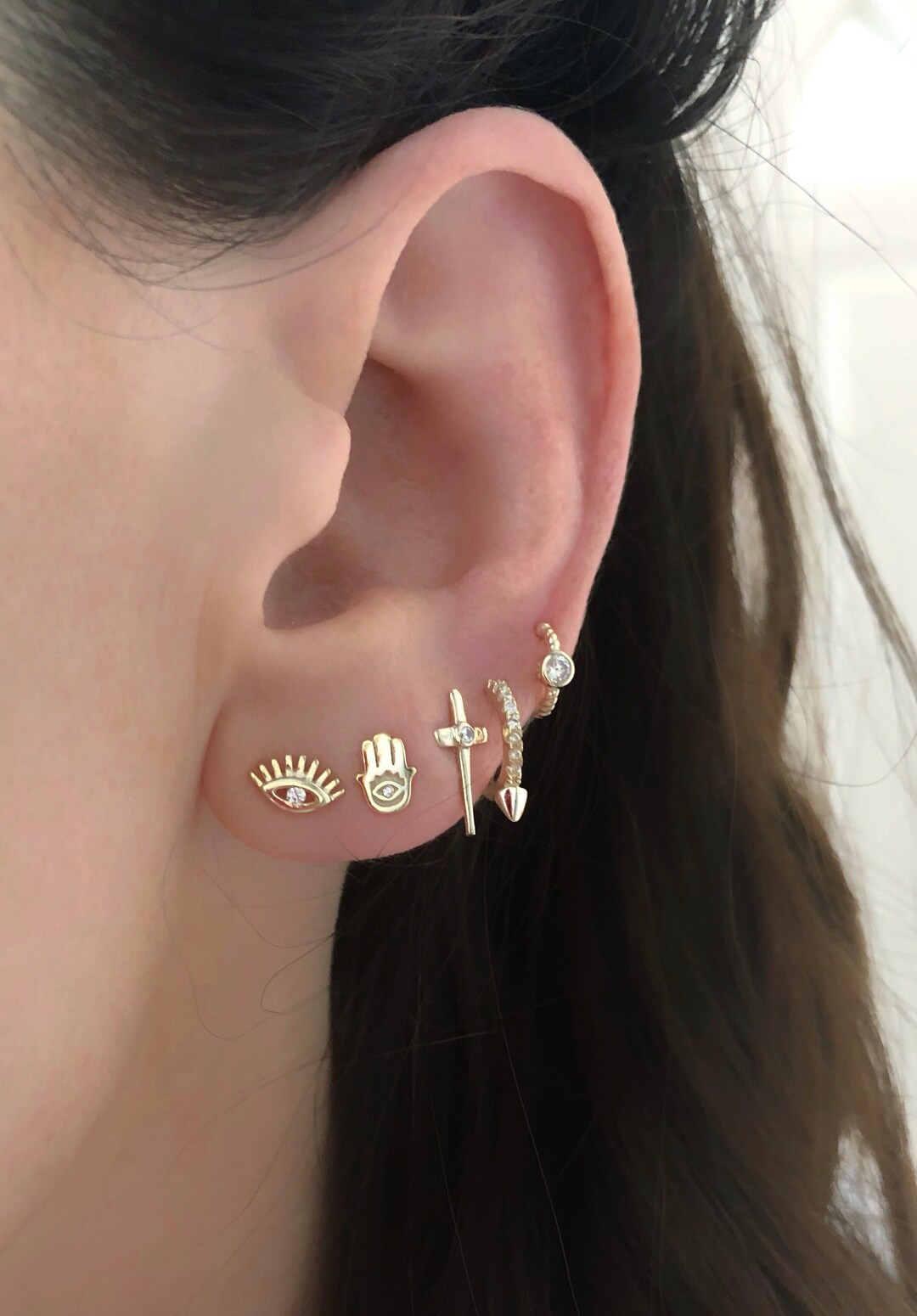 Evil Eye Studs, Evil Eye Cz Studs, Hamsa Hand Studs, Gold Studs, Cross Cz Studs, Gold Cross ...