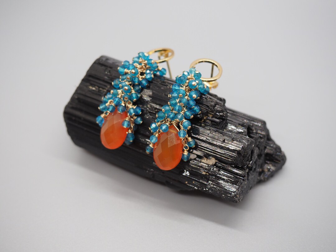 Carnelian and Floro Blue Apatite Drop Cluster Earrings - Etsy