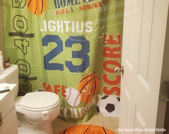 Kids Sports Baseball Shower Curtain Boys Bathroom Decor Baseball ...