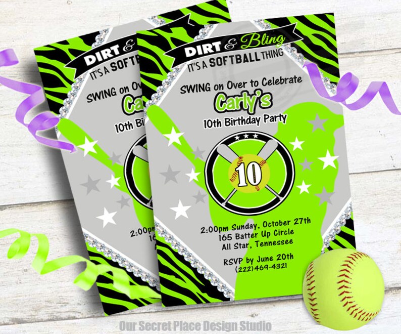 Girls Digital Softball Birthday Party Invitations Sports | Etsy