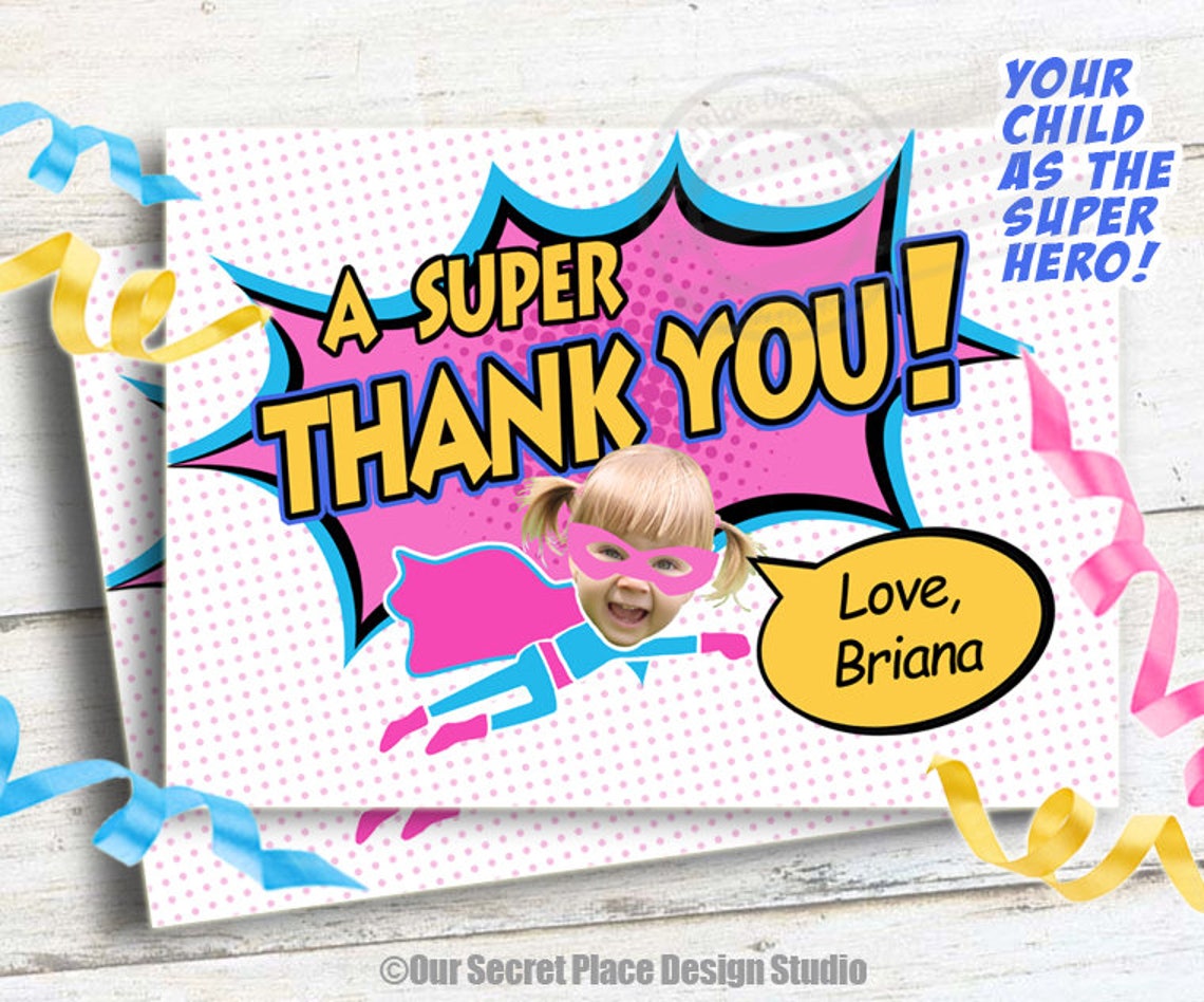 Kids Superhero Thank You Photo Card Super Hero Thank You Card | Etsy