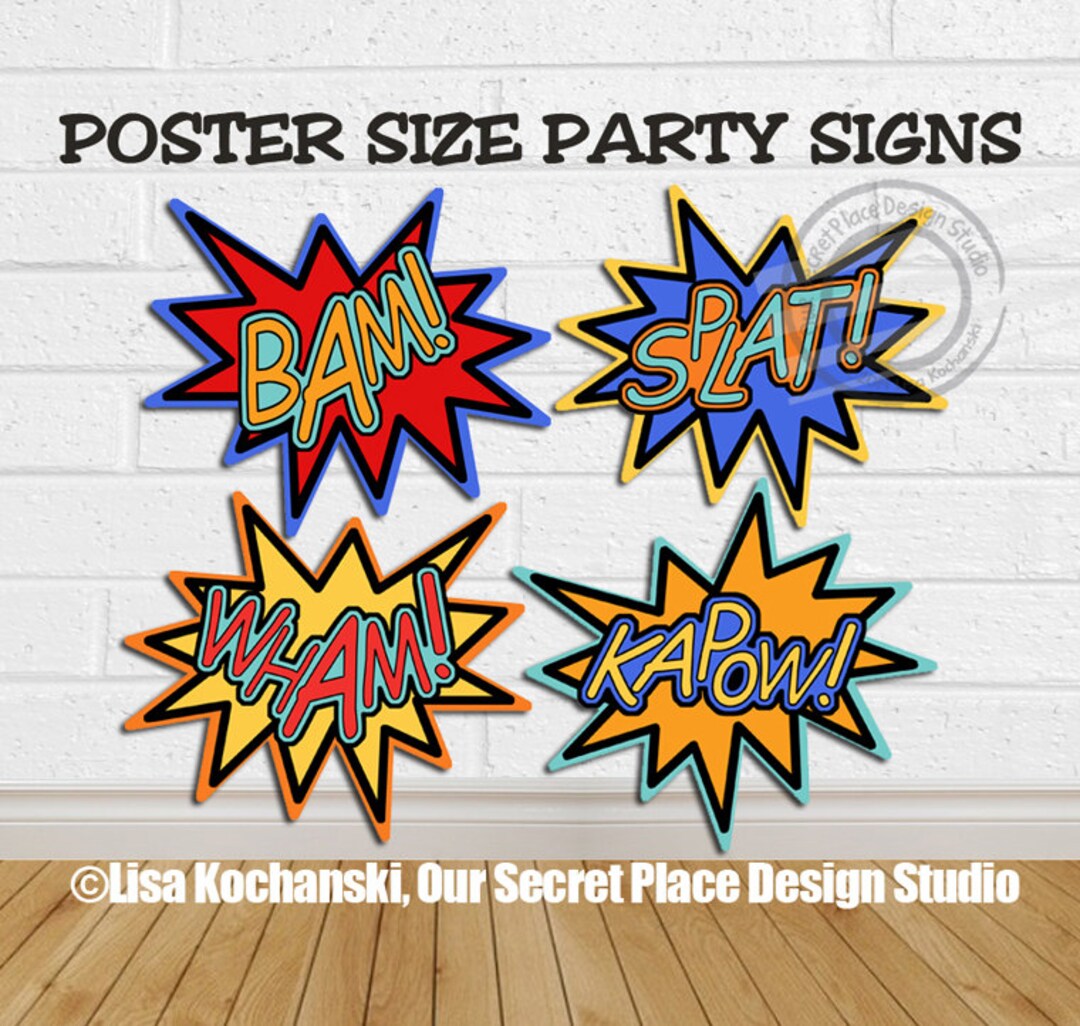 Kids Superhero Party Signs Super Hero Party Signs Comic Book Word ...