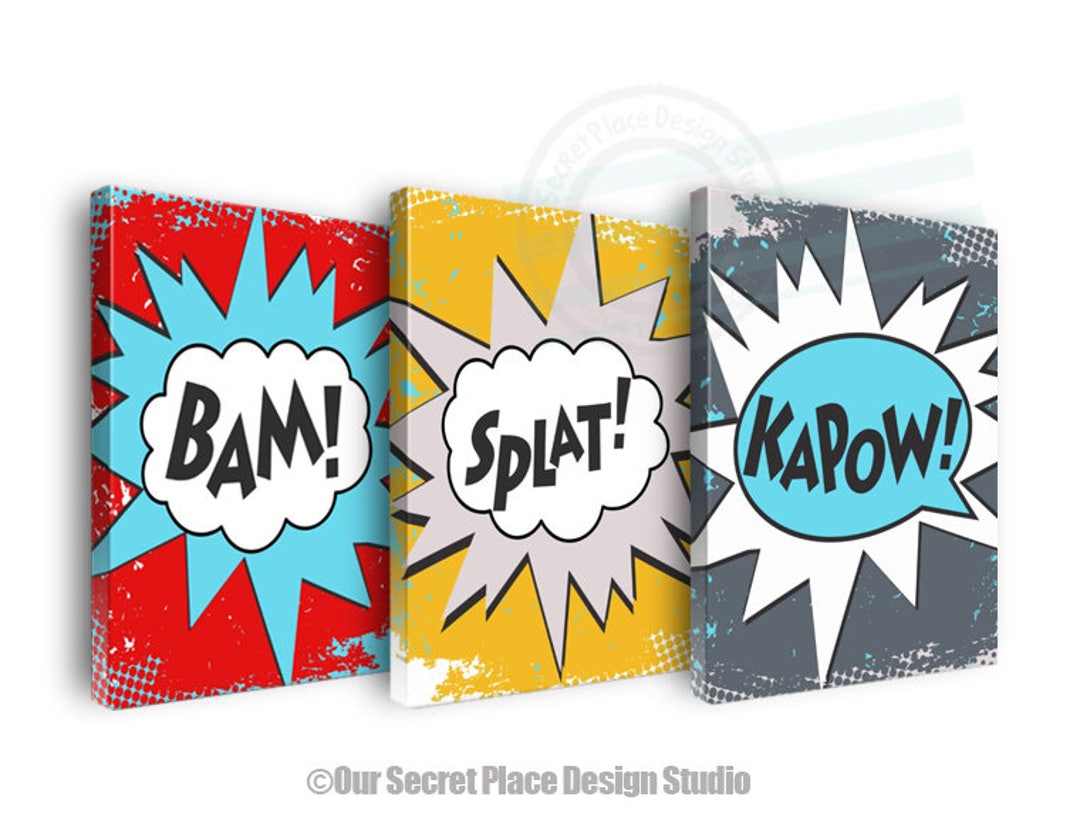 Bam Splat Kapow Superhero Canvas Wall Art for Boys Room Wall Art for ...