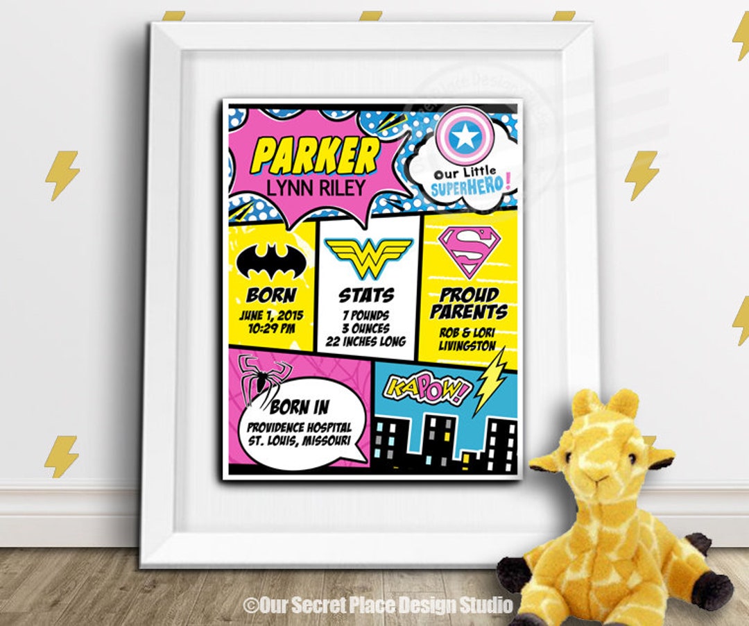 Superhero Birth Stats Baby Birth Sign Superhero Wall Art Baby Birth ...